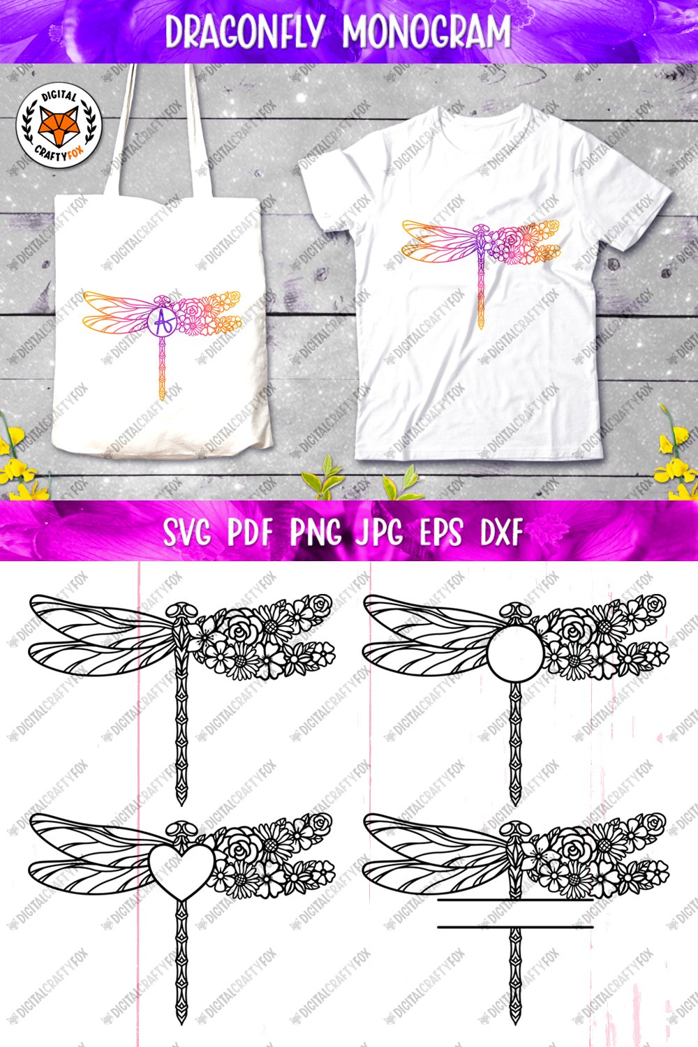 Dragonfly Monogram SVG, Dragonfly Floral Cut File SVG
