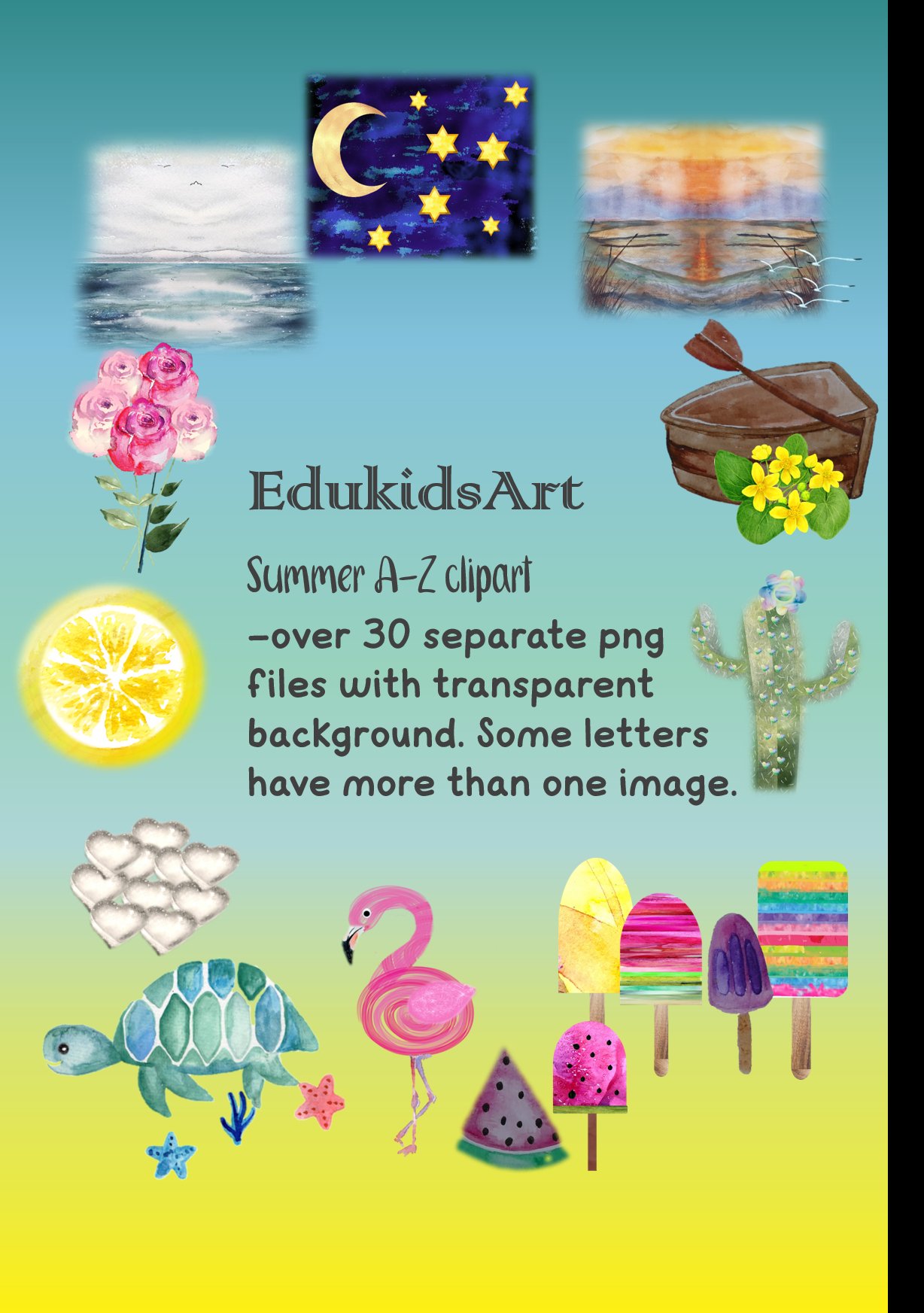 handpainted summer watercolour clip art a-z with flashcards