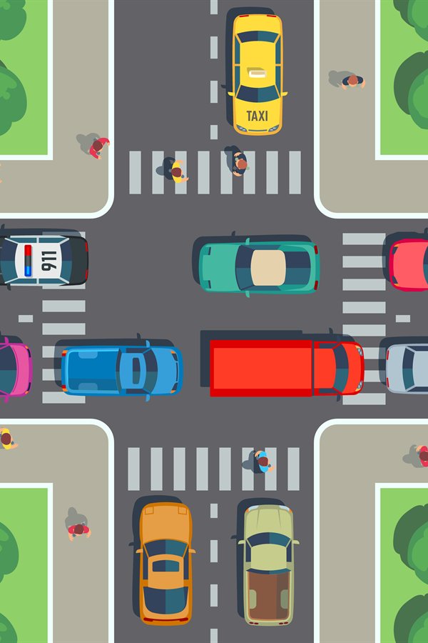 Crossroad top view. Road intersection with crosswalk, cars a