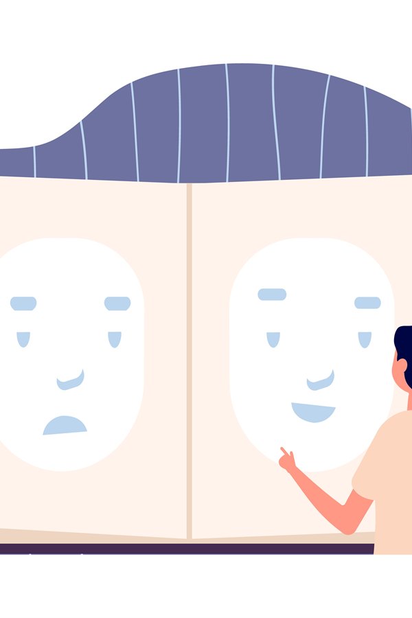 Face mask. Depression problem, smile sad faces. Girl choose