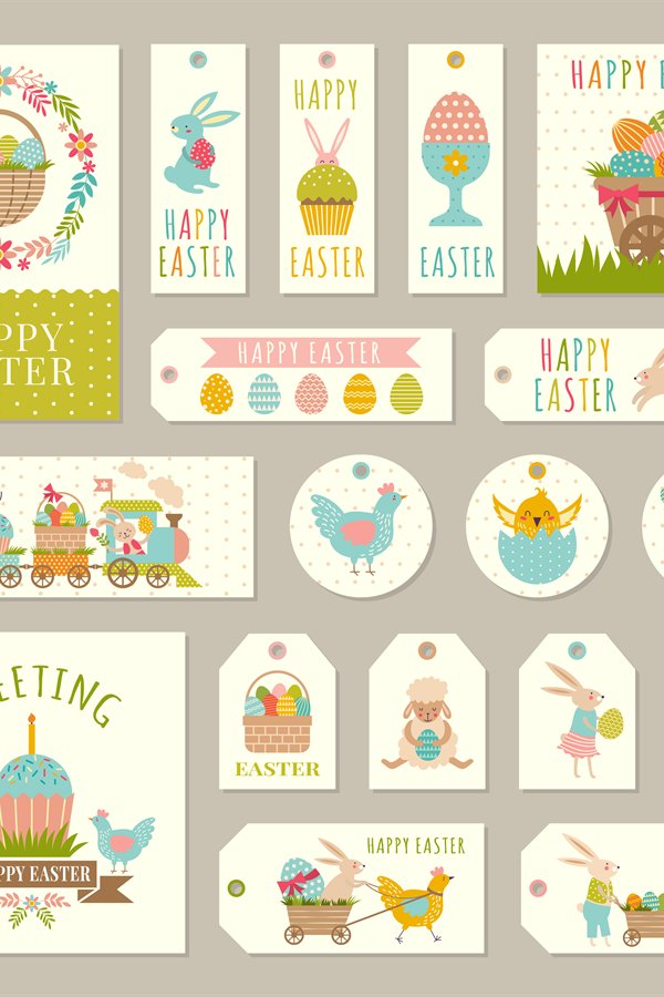 Labels, tags with illustrations of easter theme with rabbits