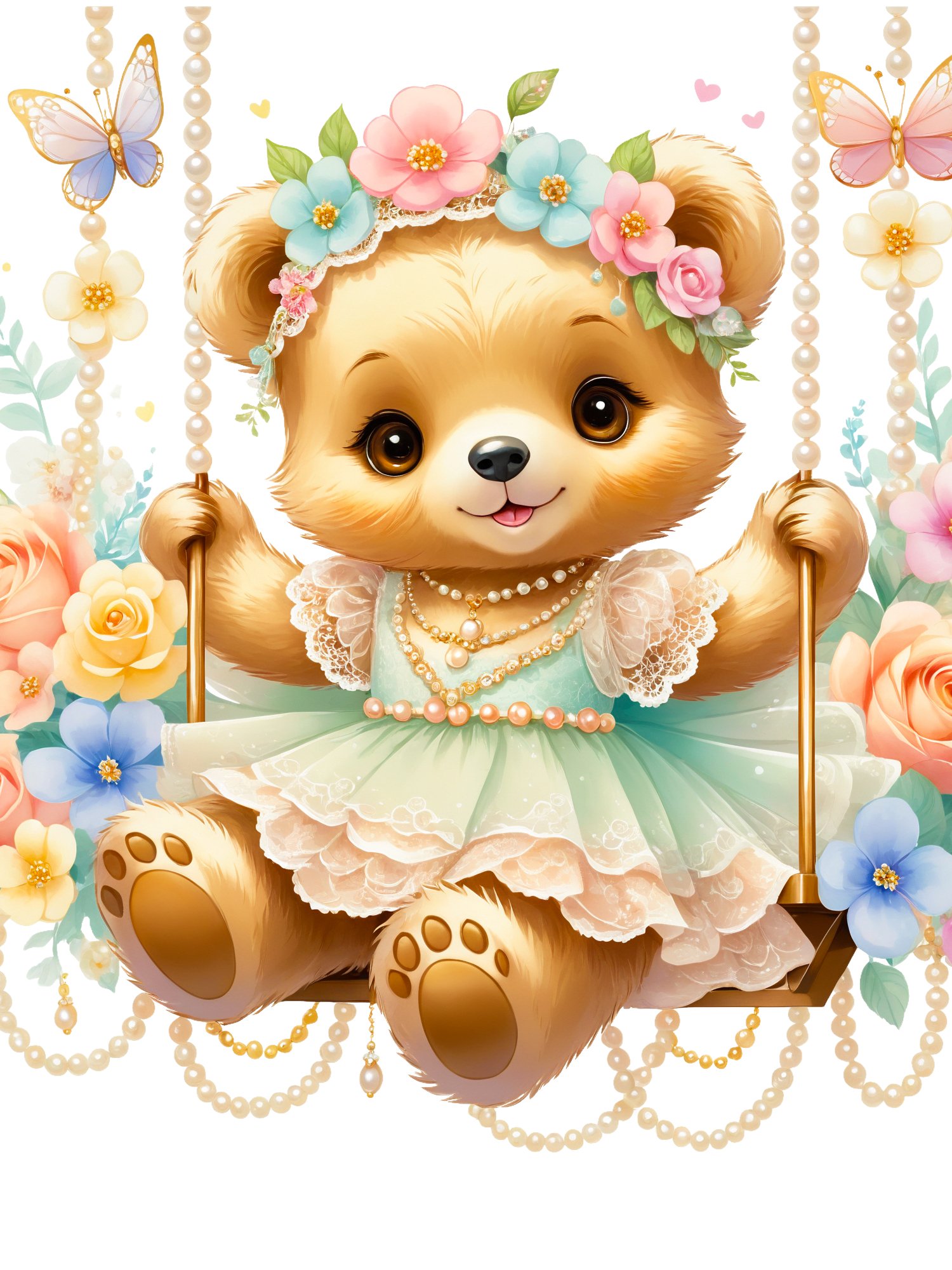 Watercolor Drawing Cute Baby Bear on swing, Clipart, Png,
