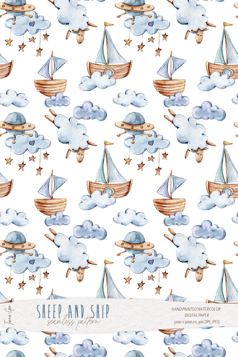 Watercolor nautical seamless patterns. Digital paper pack