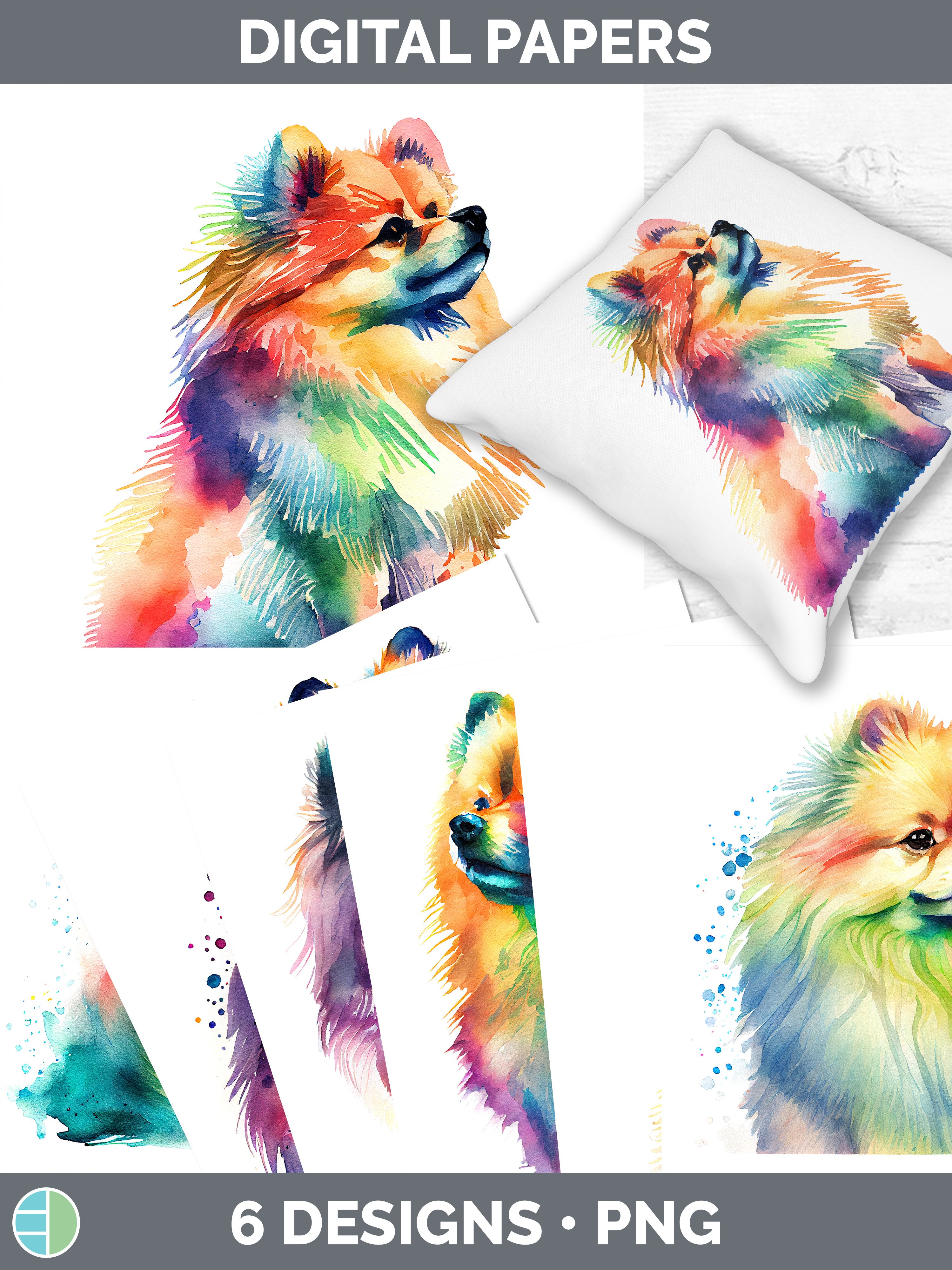 Rainbow Pomeranian Dog Paper Backgrounds | Digital Scrapbook