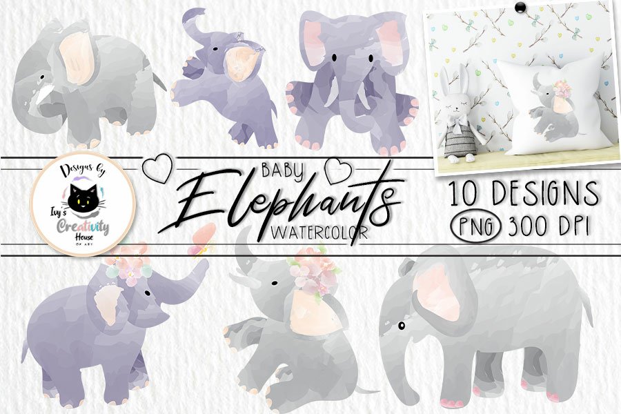 Watercolor Baby Elephant Clipart | Cute Elephant PNG designs
