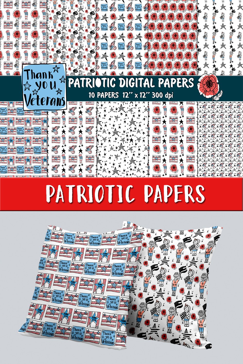 Patriotic Digital Papers, Veterans Day Papers, PNG patterns