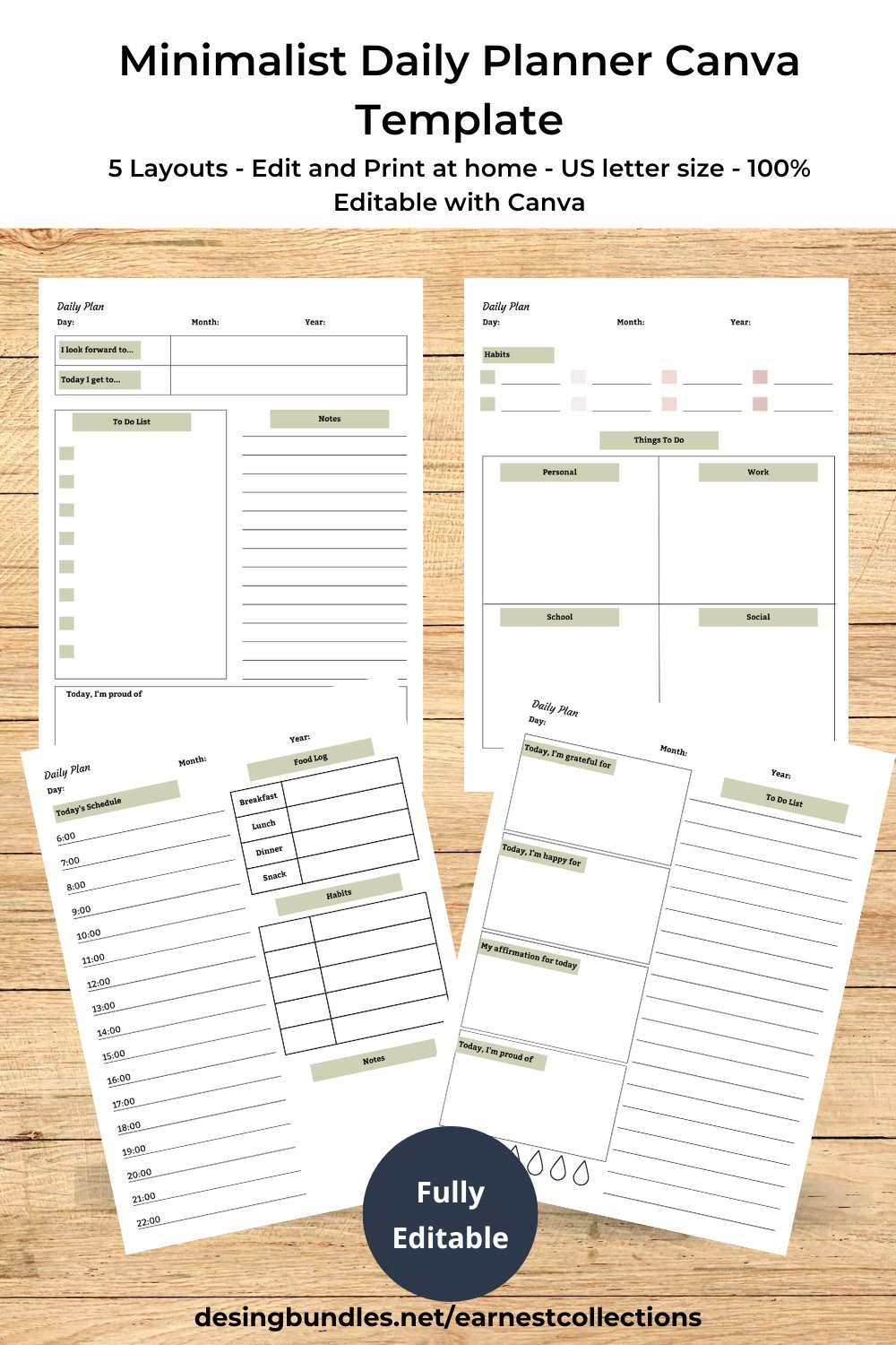 Minimalist daily planner template fully editable with Canva