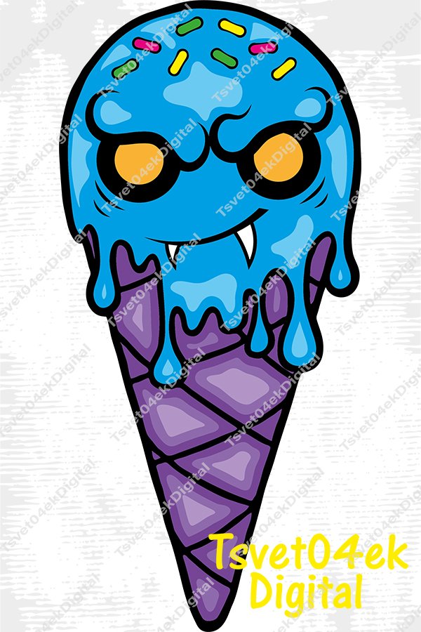 Grumpy ice cream monster in the cone illustration
