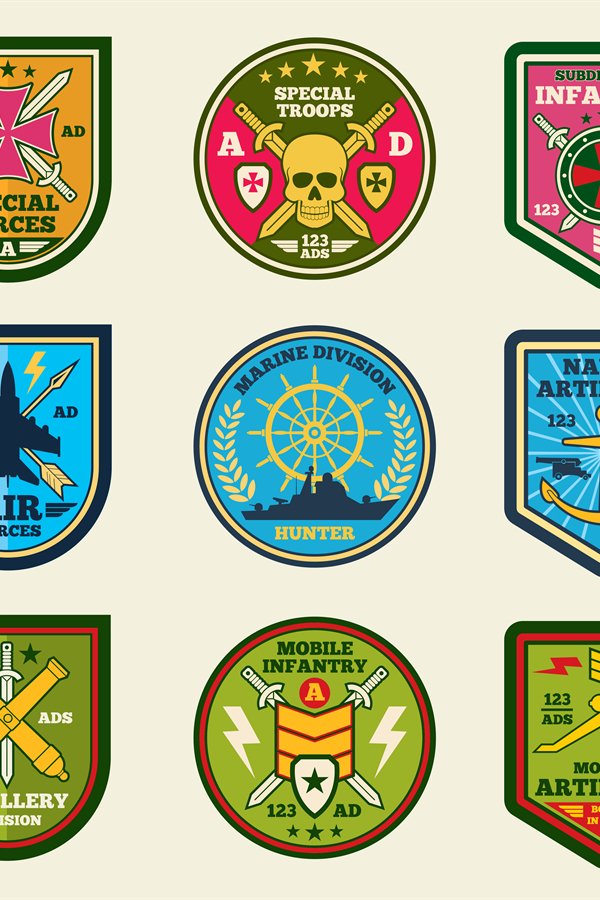 Military patches vector set. Army forces emblems and labels