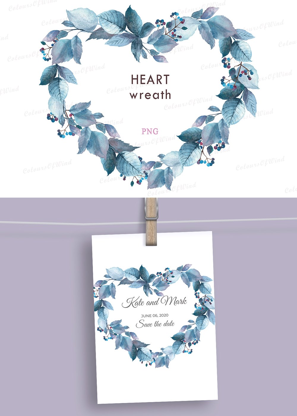 Watercolor Blue Heart Wreath PNG|Wedding Invitation Logo