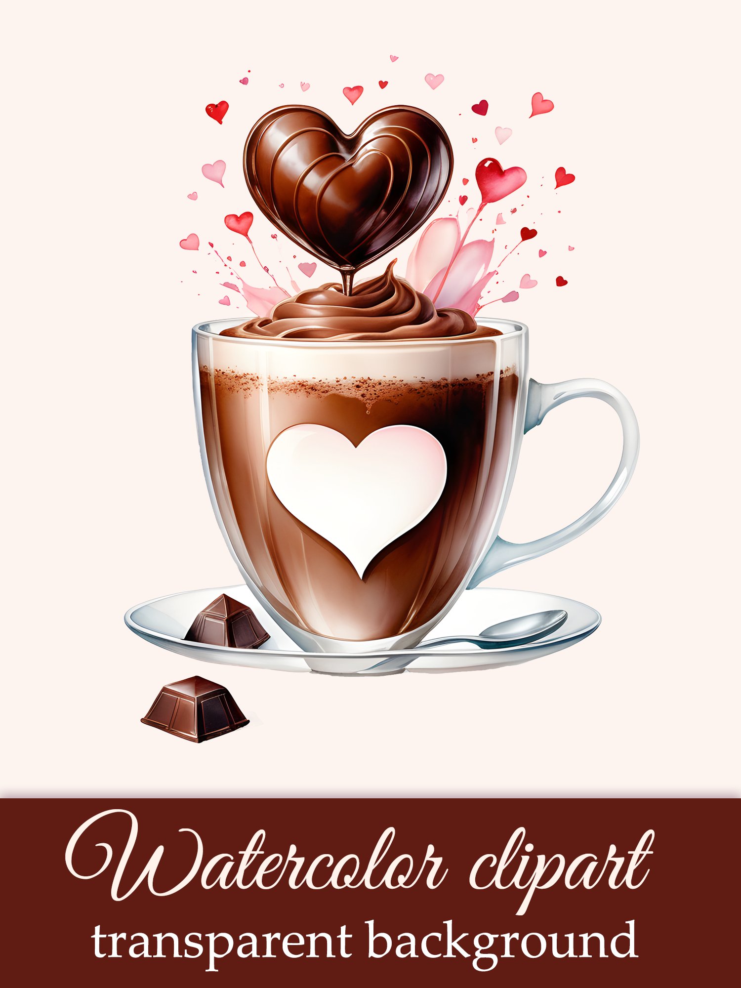 Watercolor coffee cup with hearts and chocolate, clipart Png