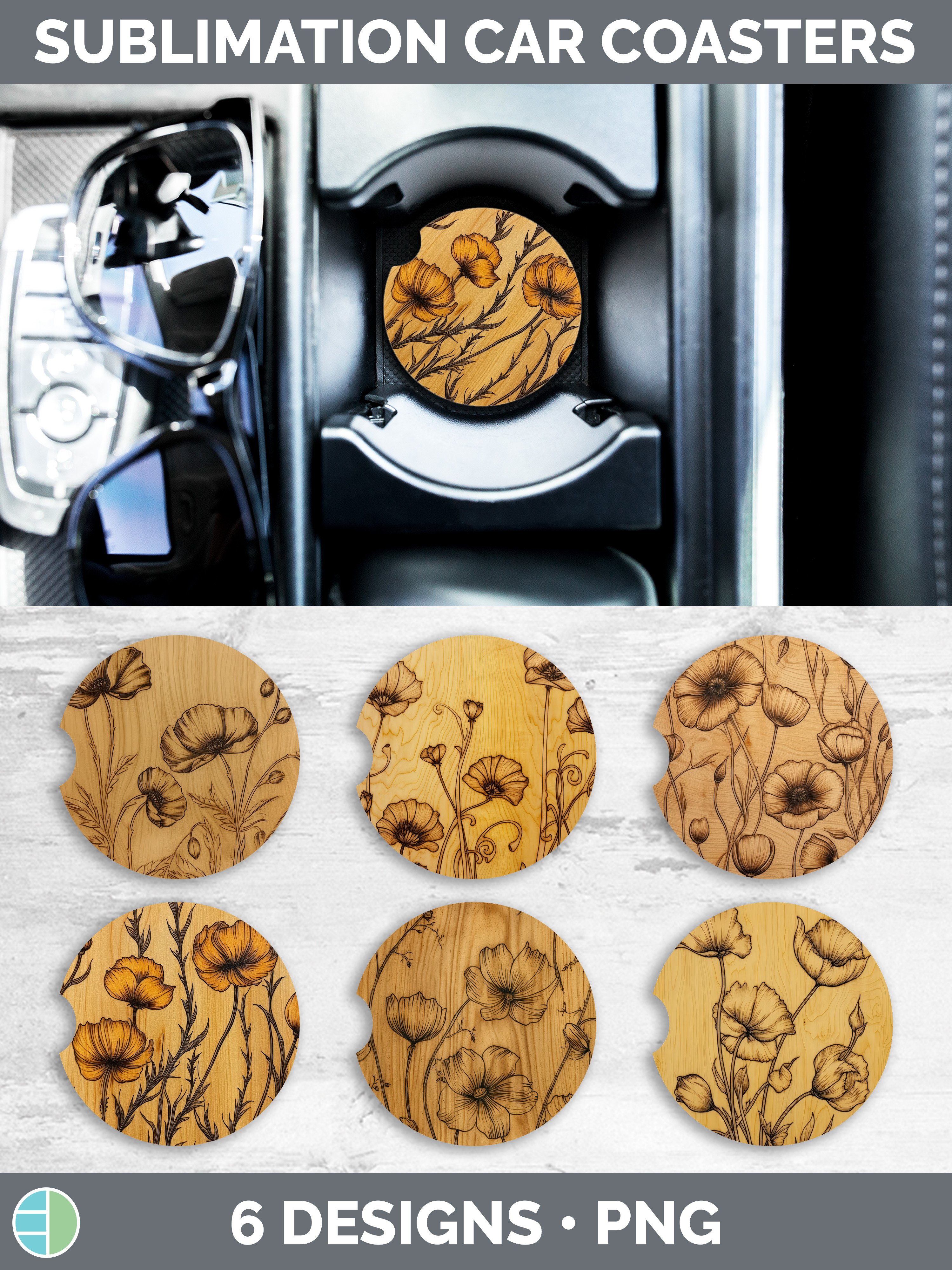 Wood Burned Buttercup Flowers Car Coaster | Sublimation Coas