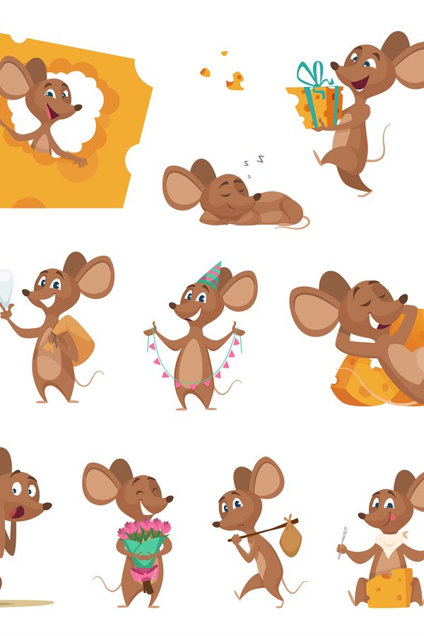 Mouse cartoon. Small mice in action poses lab animals friend