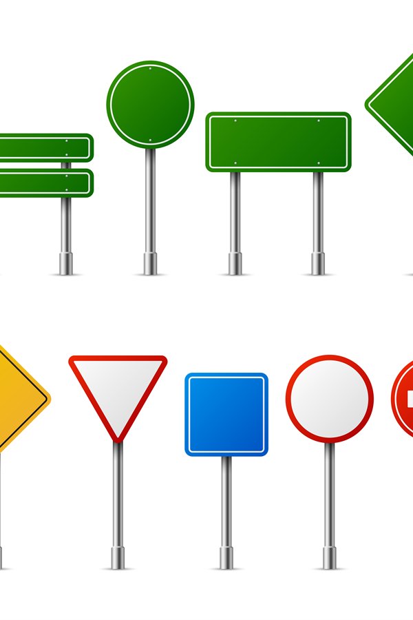 Traffic road realistic signs. Signage signal warning sign st