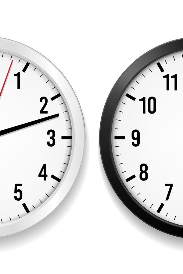 Office clock realistic. Round watches with time arrows and b