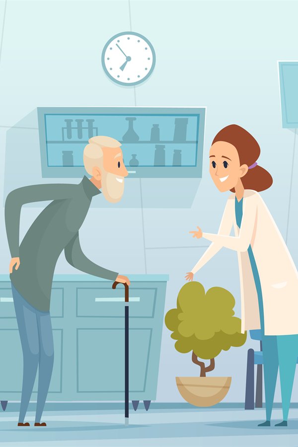 Medicine for elderly. Geriatrics, old man and doctor. Hospit
