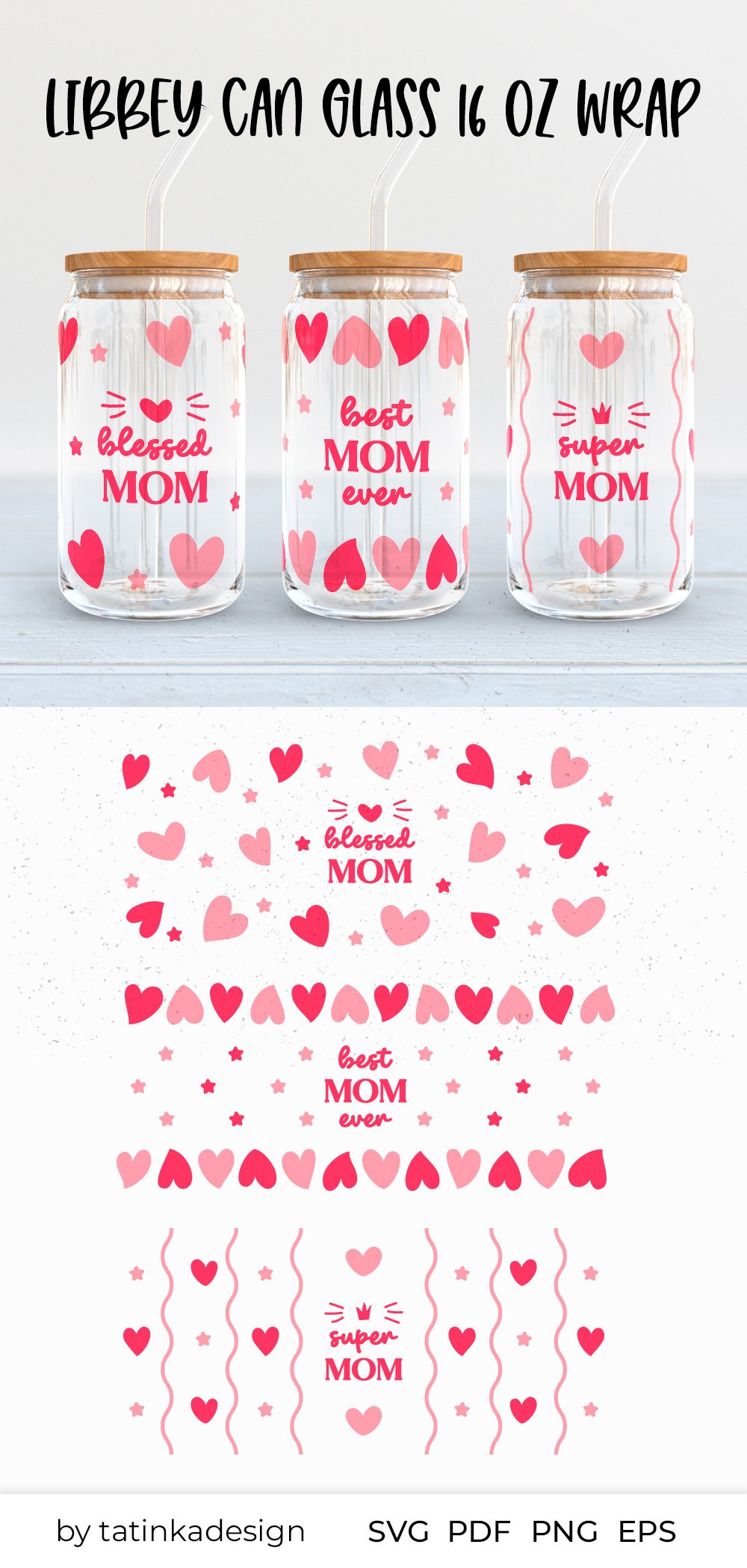 16 oz glass can wrap with quotes on Mother's day and hearts