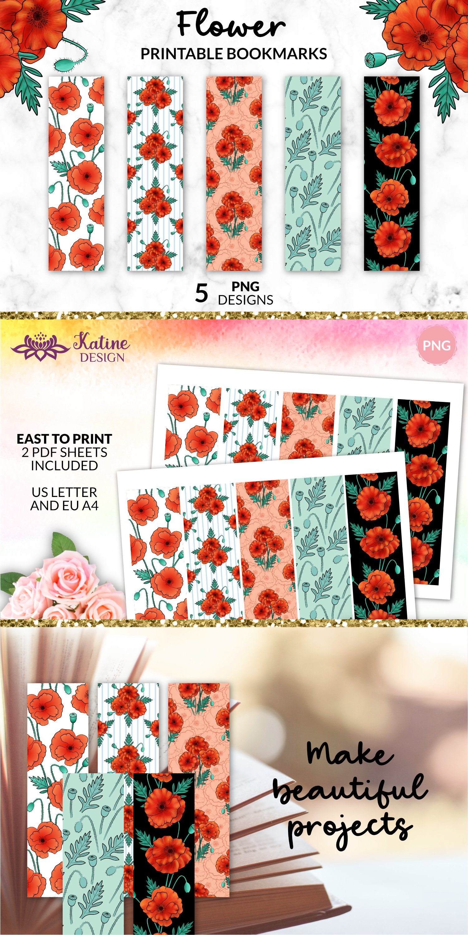 Flower Bookmarks Printable Watercolor Sublimation Bundle Png