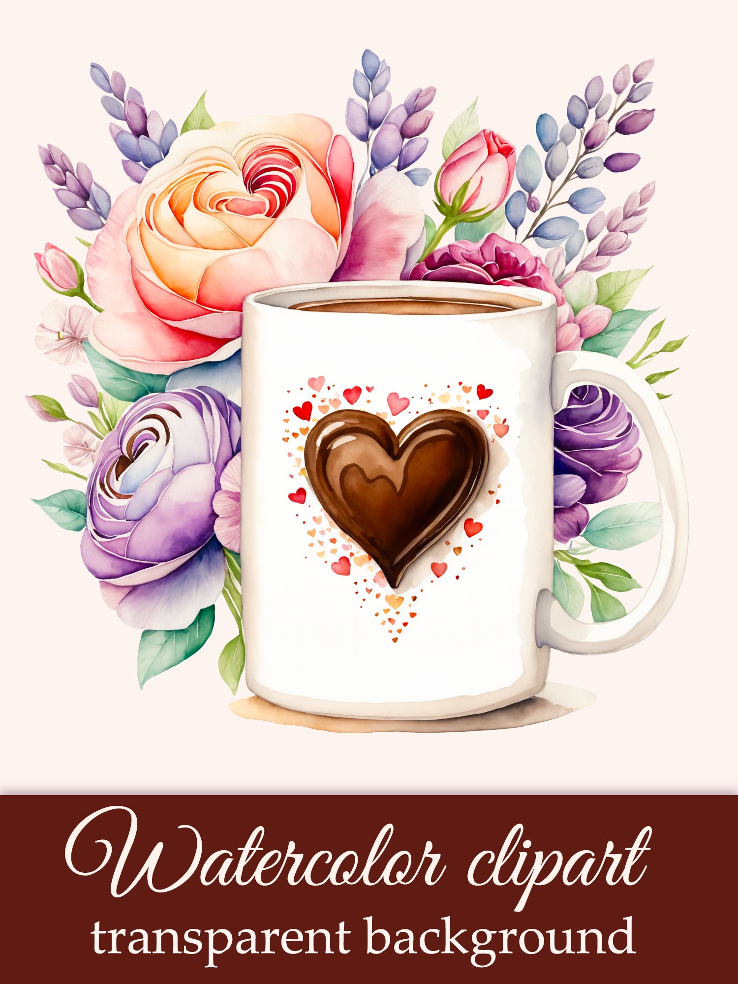 Watercolor coffee cup with hearts and chocolate, clipart Png