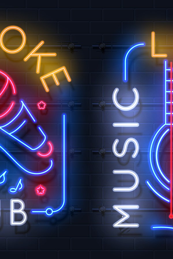 Neon music sign. Karaoke light logo, sound studio light embl