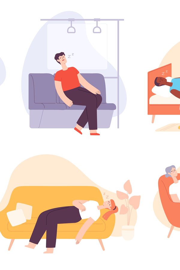 Sleepy people. Tired, lazy and sleeping man and woman at hom