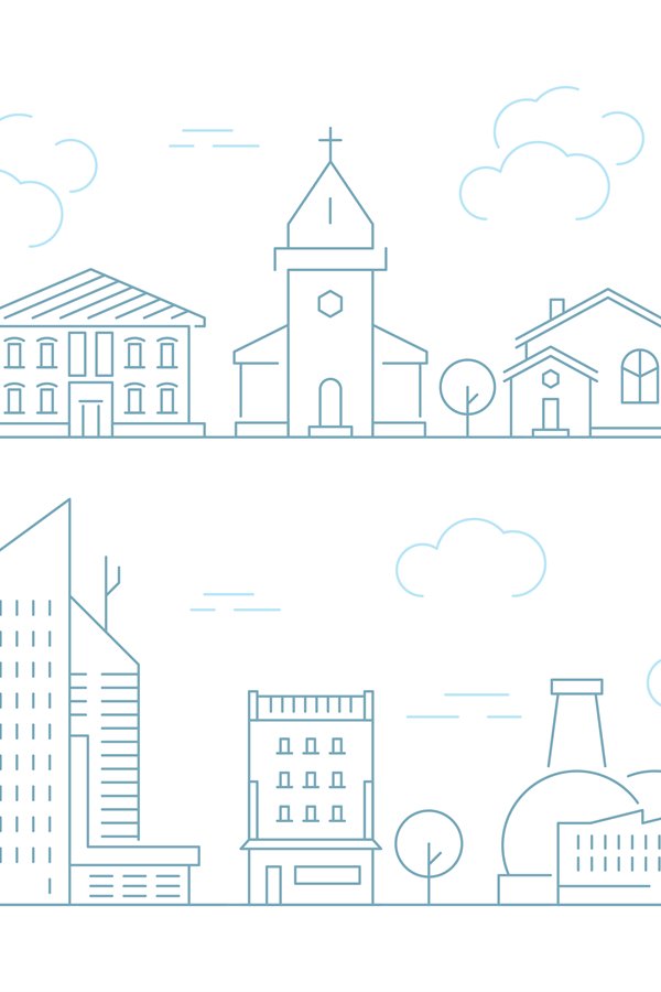 Urban landscape linear. Small town with buildings city house