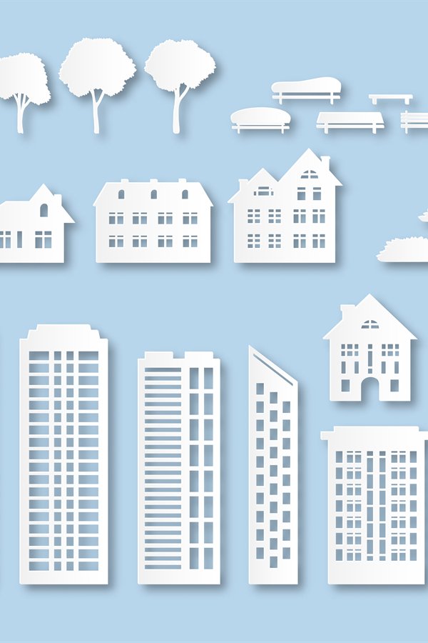 Paper buildings. Origami city houses with windows. Cardboard