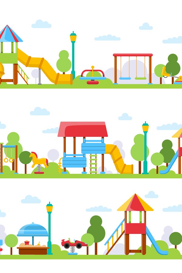 Horizontal illustrations with various views of children play