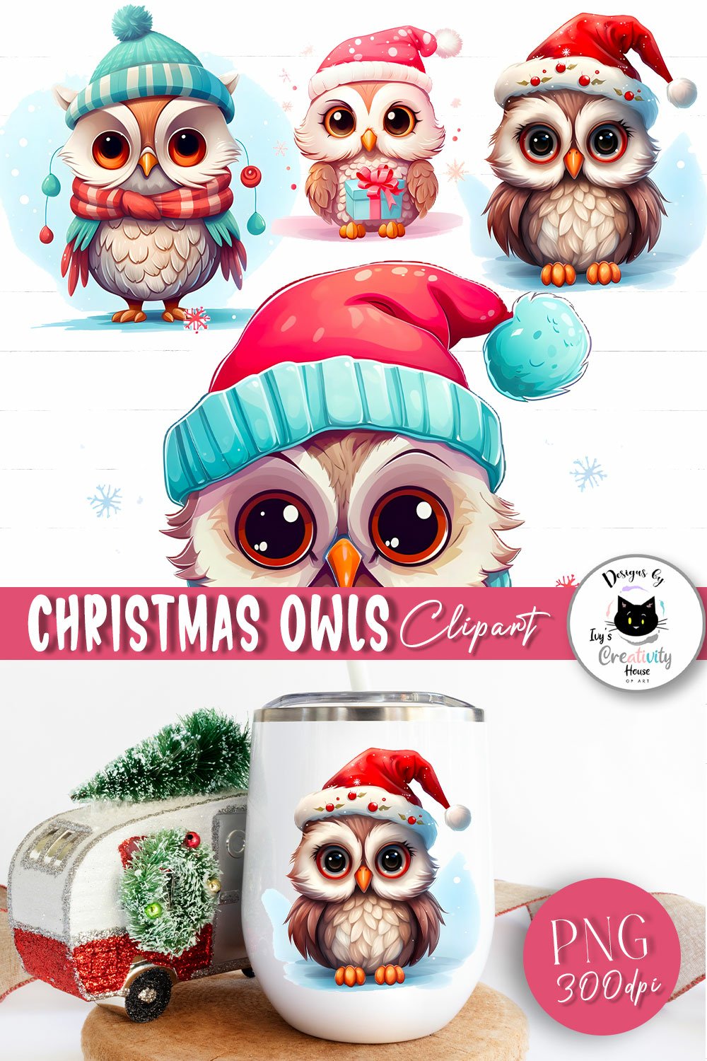 Cute Owls Christmas Clipart | Santa Owl PNG Designs