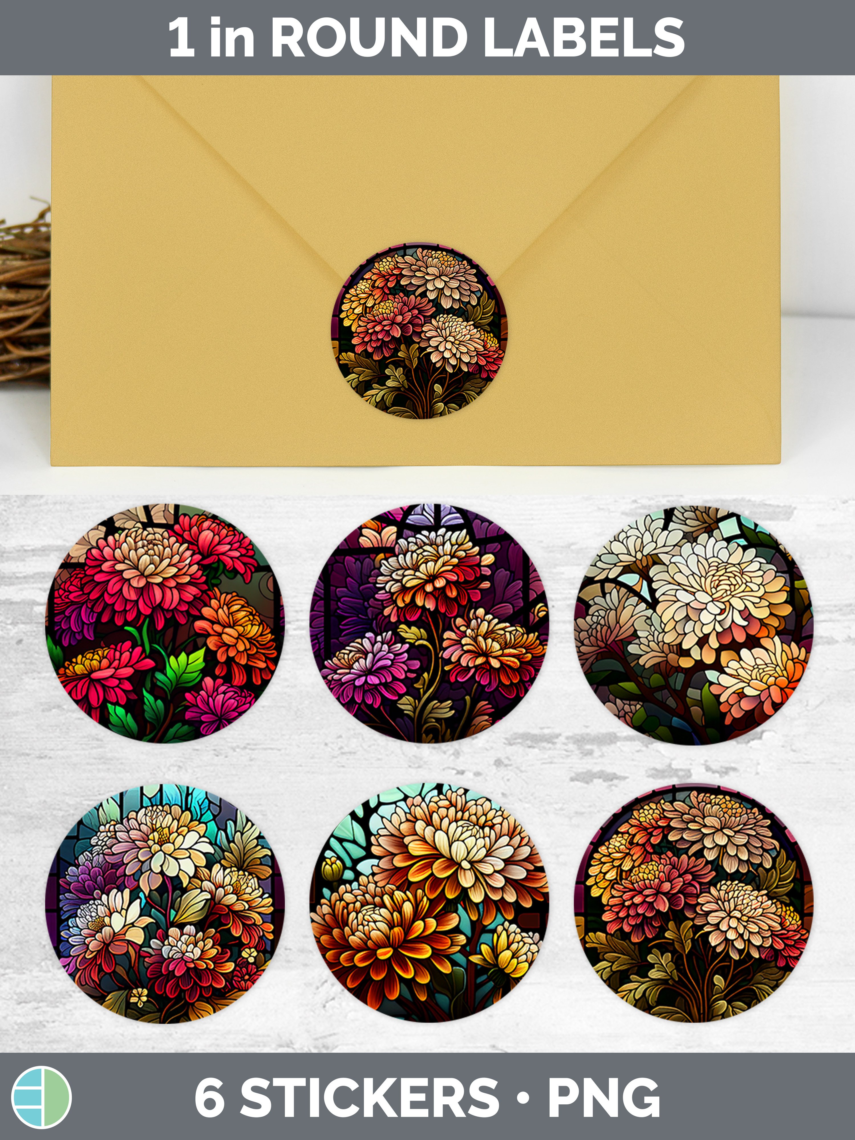 Stained Glass Chrysanthemum Flowers Stickers | Round Labels