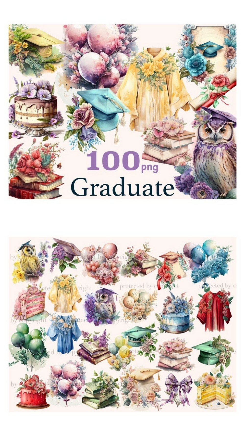 Graduation Watercolor Clipart | Flowers Graphics Bundle PNG