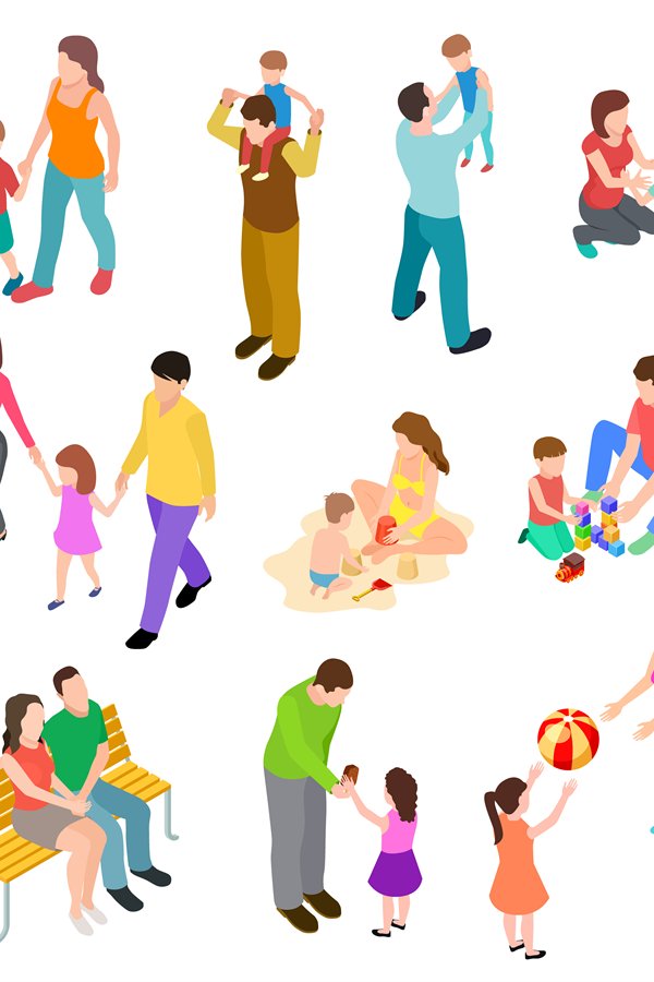 Isometric family. Children parents in different home and out