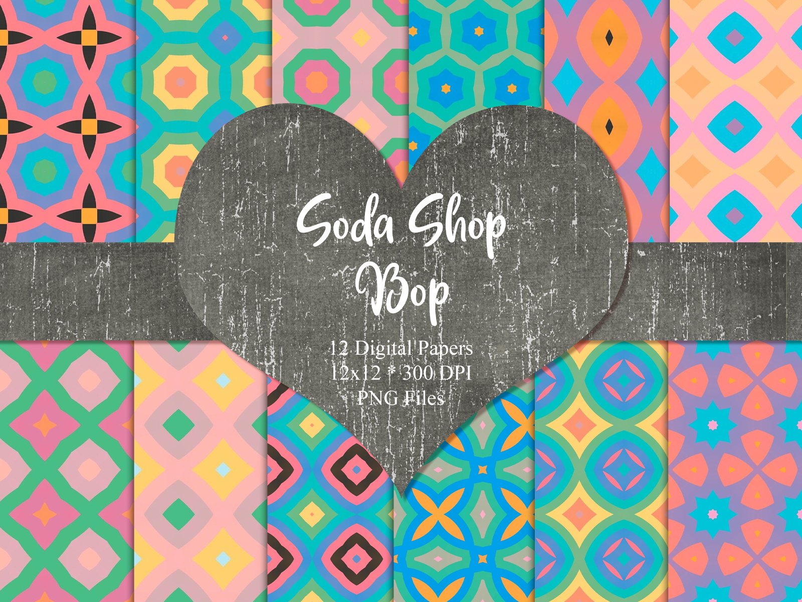 Playful Retro Pink & Blue BoHo Digital Paper Pack