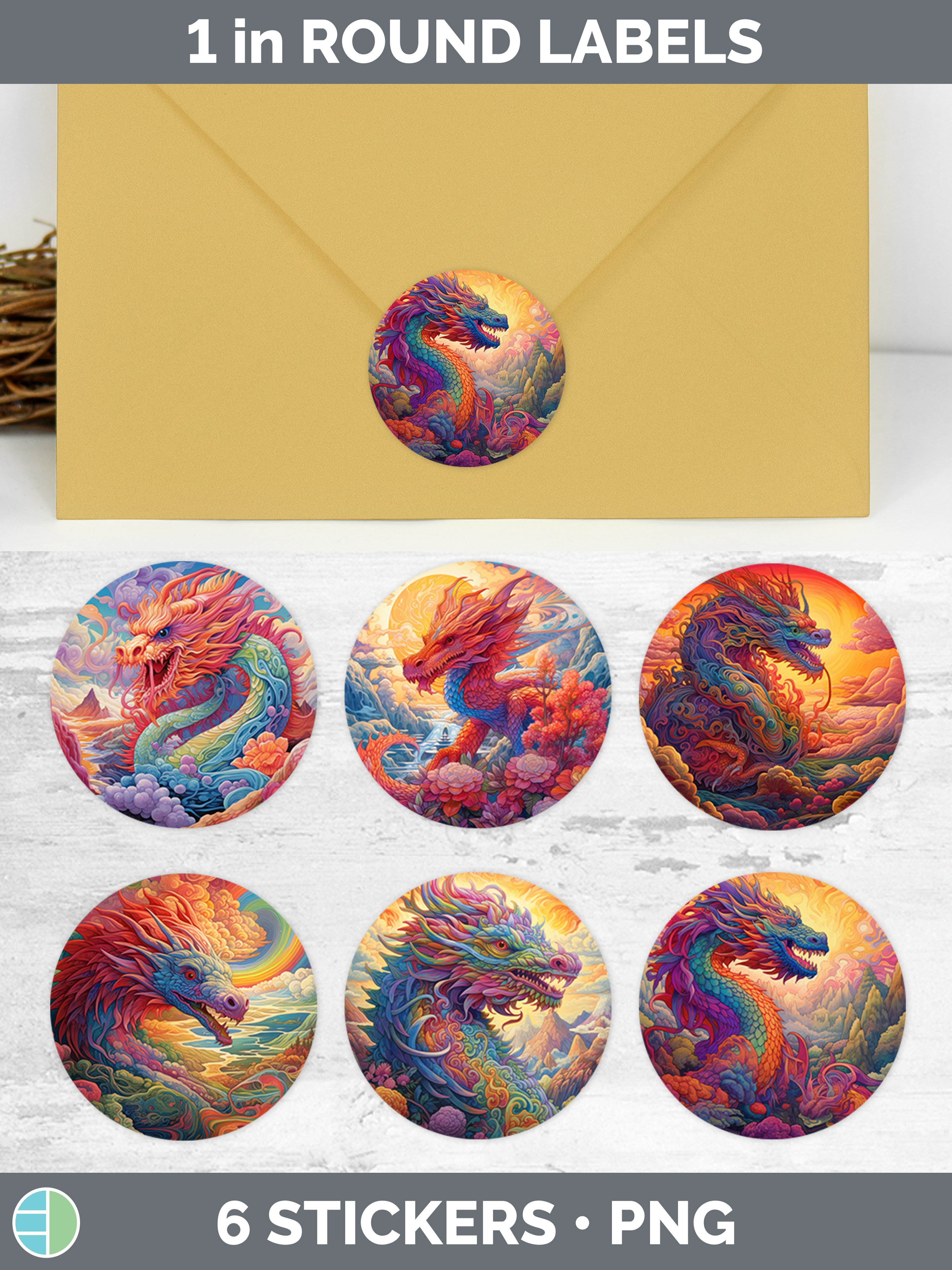 Psychedelic Dragon Flowers Stickers | Round Labels Designs B