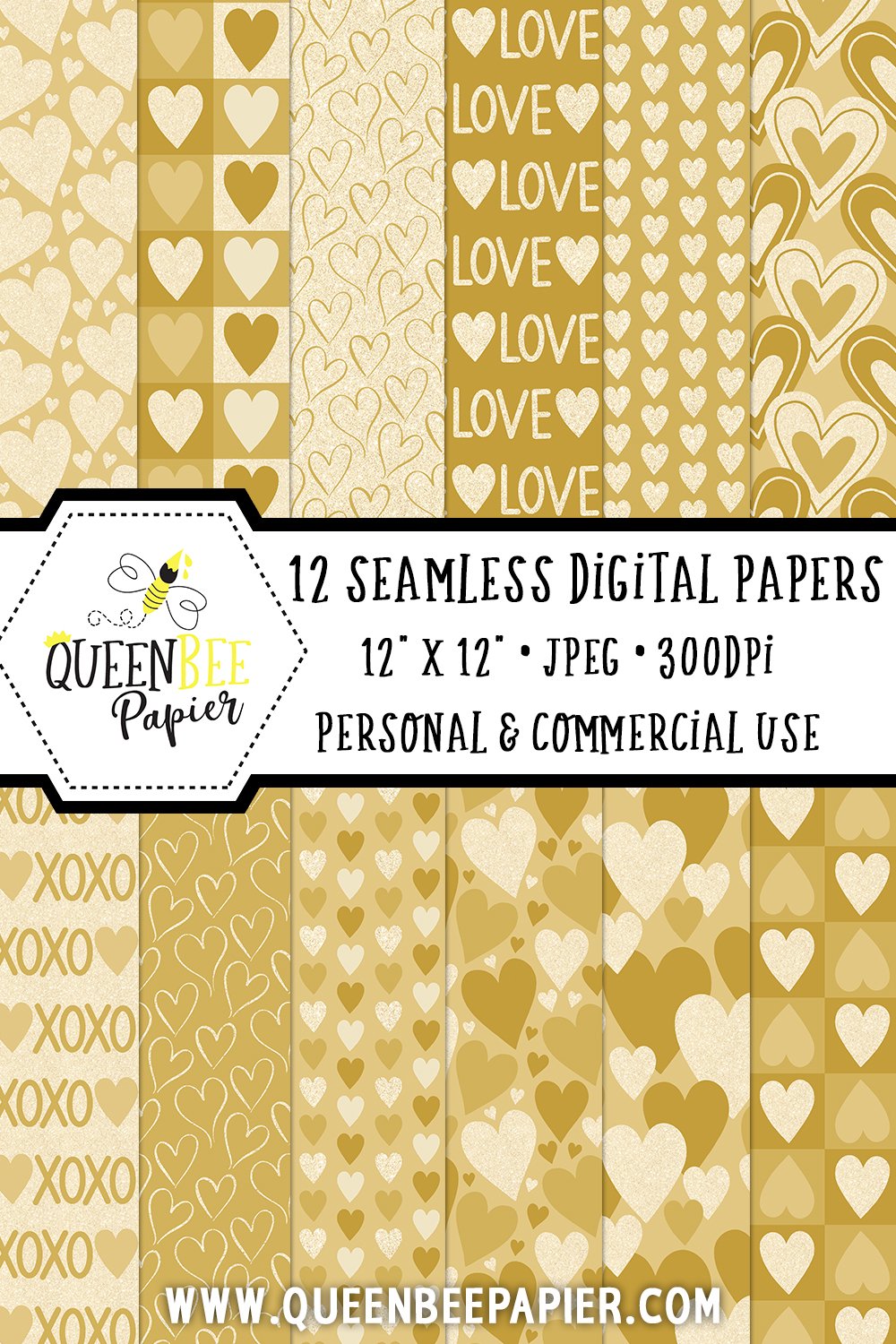 Gold Glitter Heart Digital Paper Pack