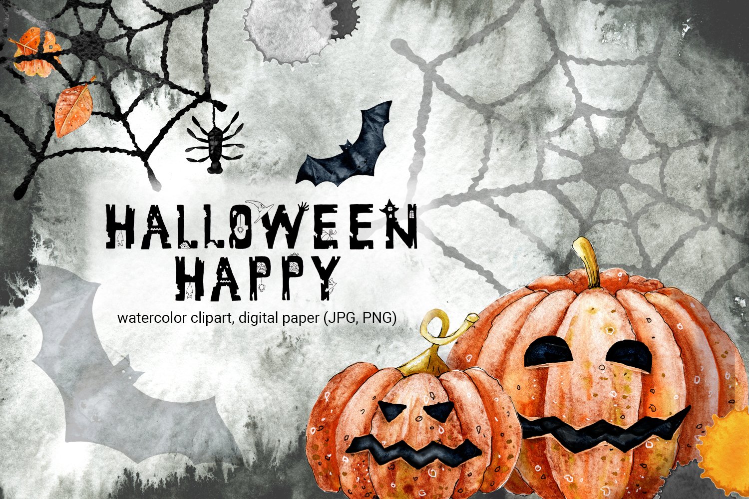 Halloween clipart and digital paper. Watercolor illustration