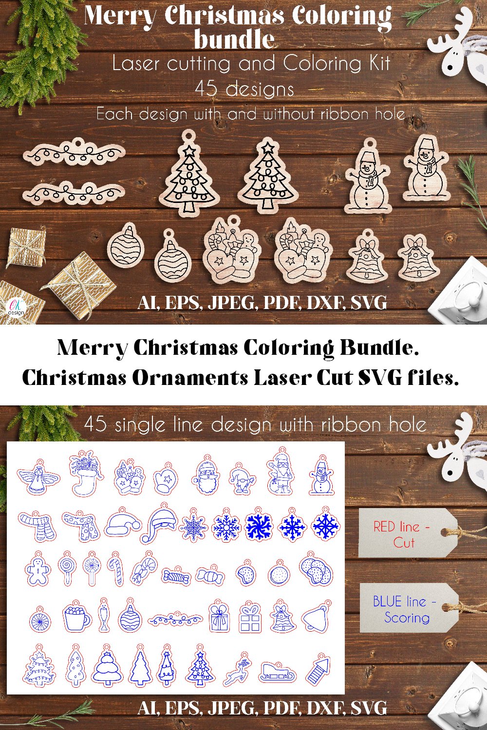 Merry Christmas Coloring Bundle. Christmas Ornaments Laser C