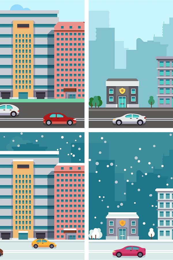 City panorama. Downtown, suburb town on road. Cute buildings