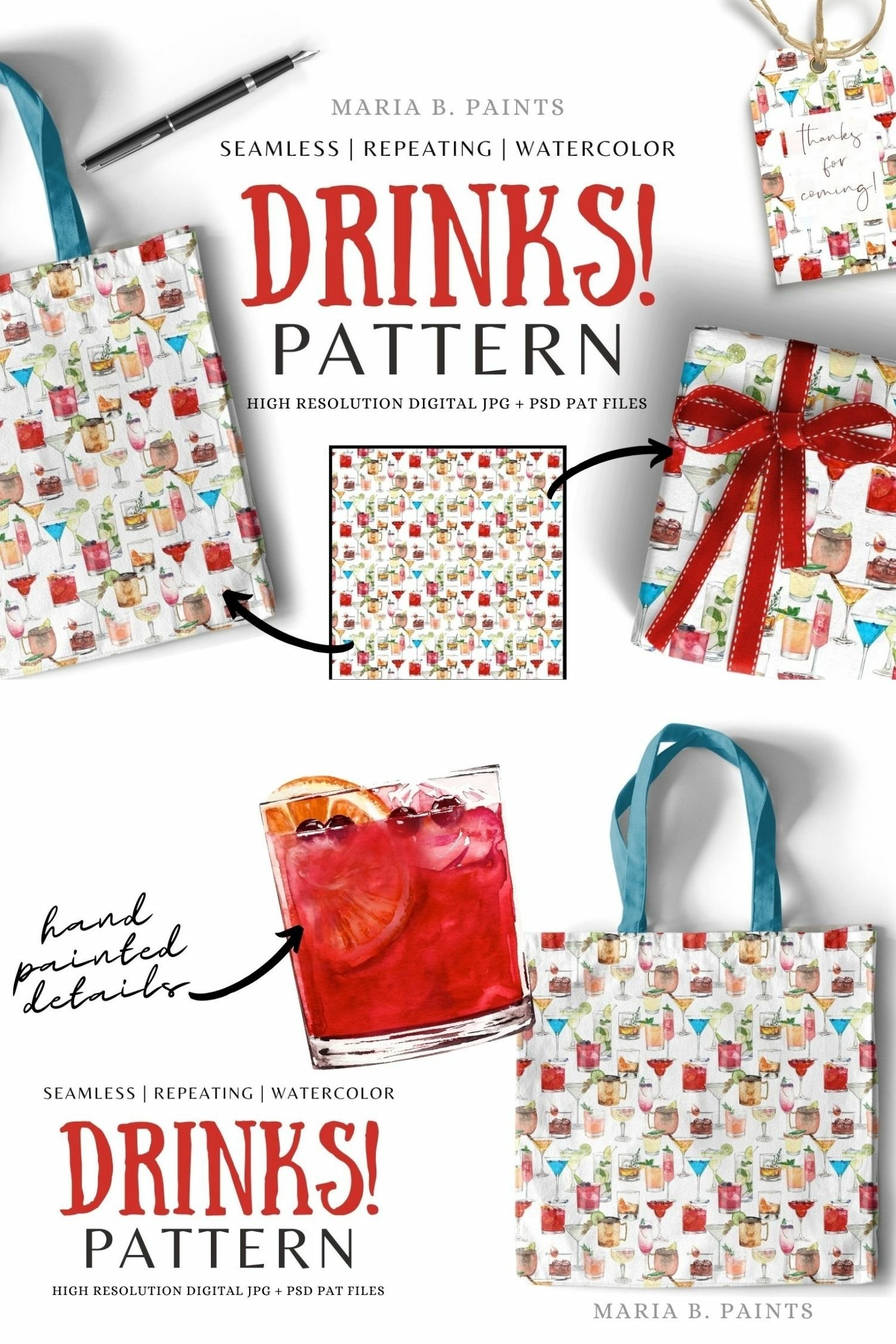 Cocktails Pattern Seamless Repeating Drinks Pattern JPG PAT