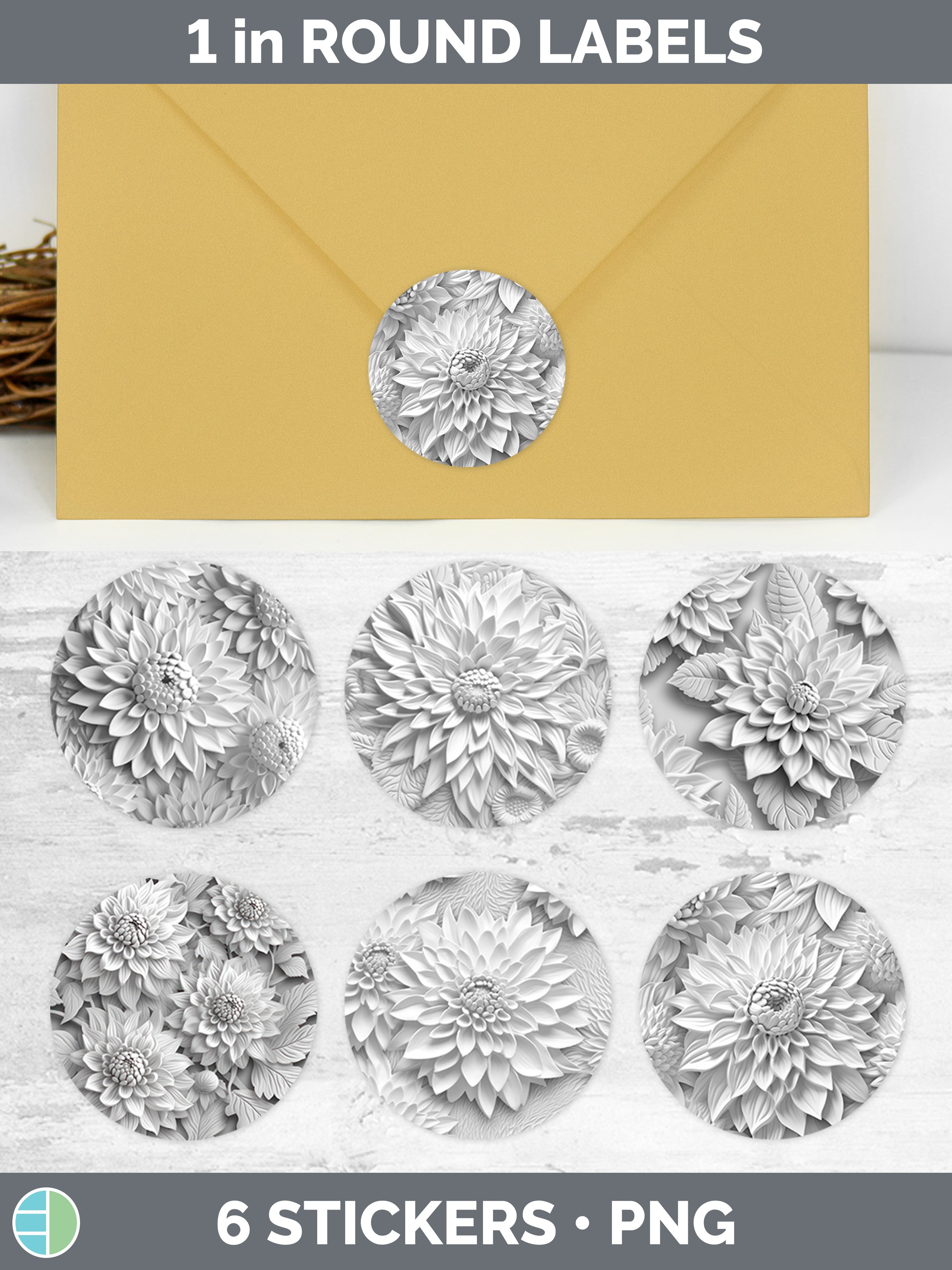 3D Dahlia Flowers Stickers | Round Labels Designs Bundle