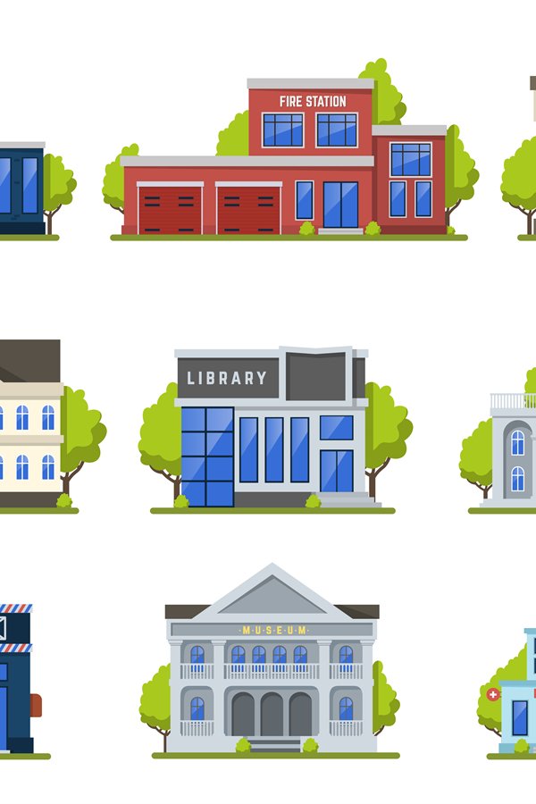 City street buildings. Public modern library, theater