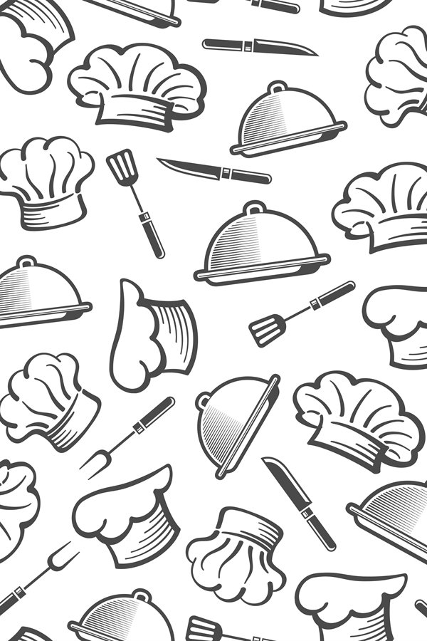 Kitchen seamless pattern - chef hat dish and cutlery texture