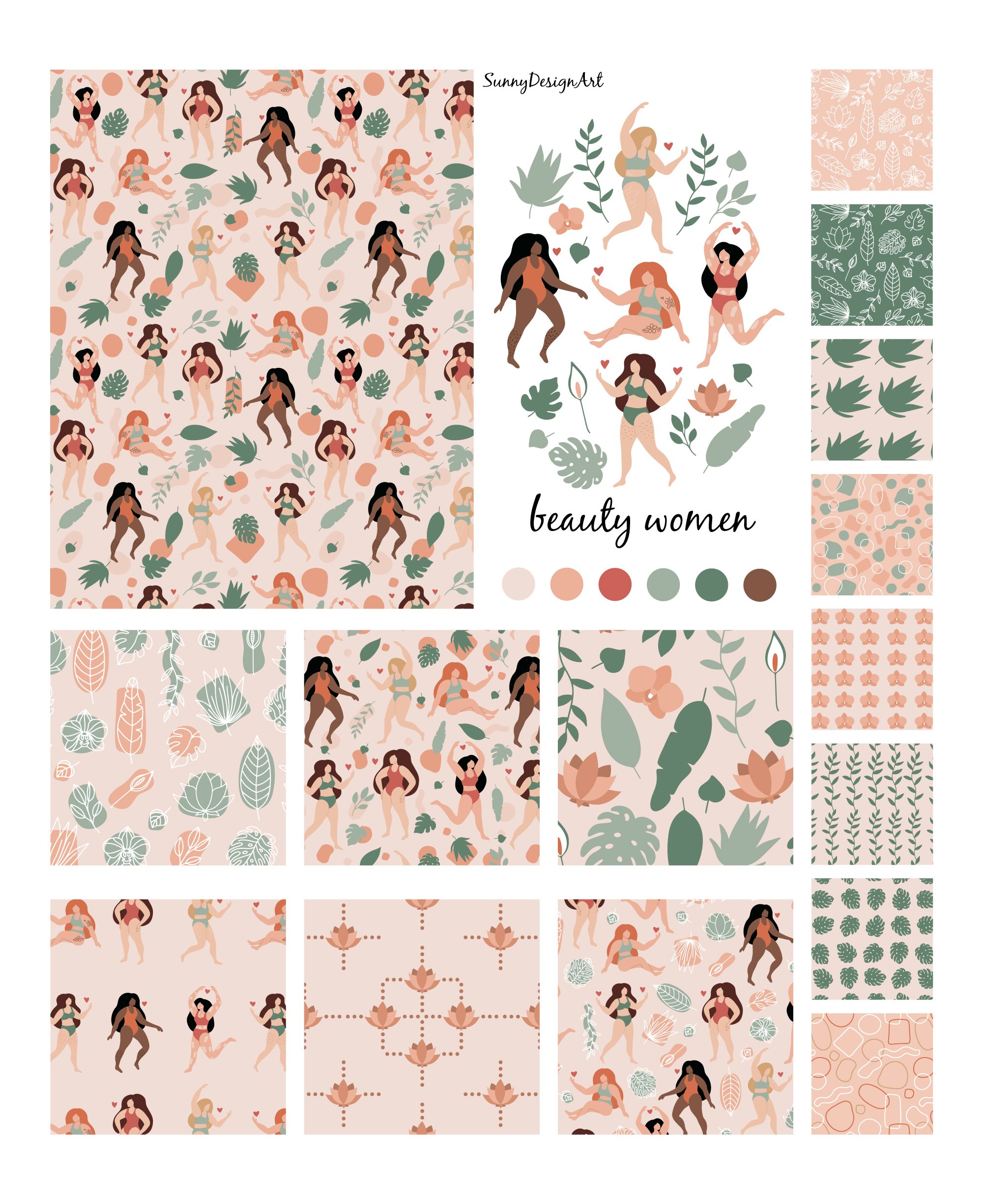 Seamless patterns of beauty women with tropical flowers