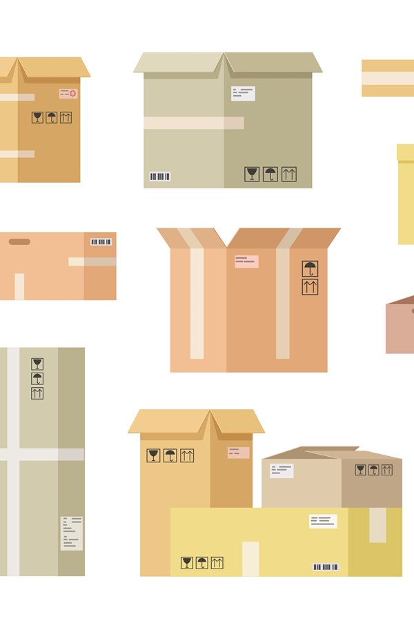 Flat cardboard boxes. Open paper box, shipping package. Crat