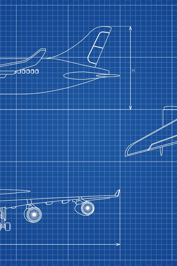 Airplane blueprint. Outline aircraft on blue background. Vec