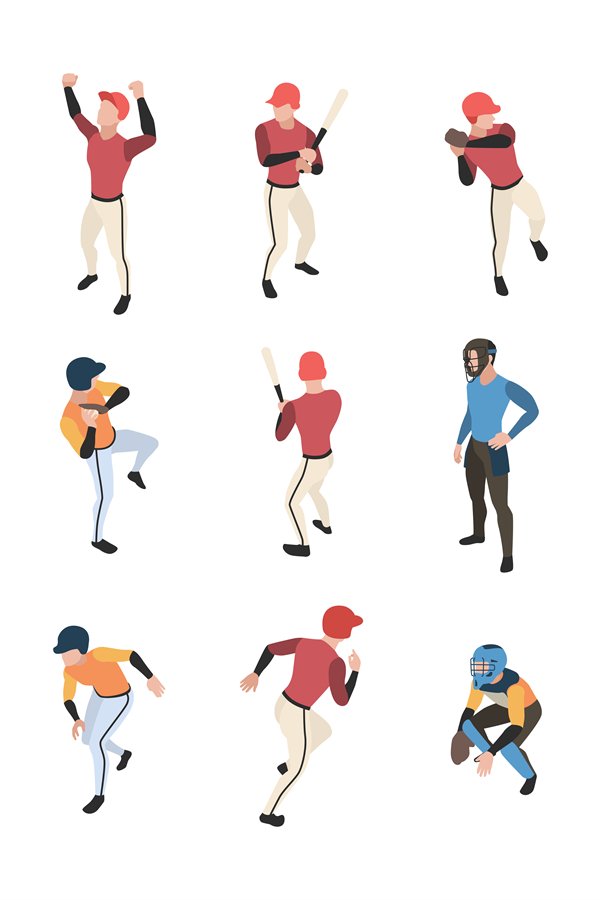 Baseball isometric. Sport game team people in action poses r