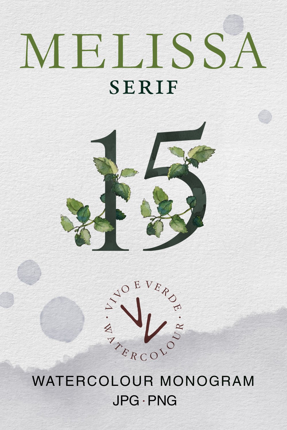 Sublimation monogram number 15 | Watercolour serif alphabet