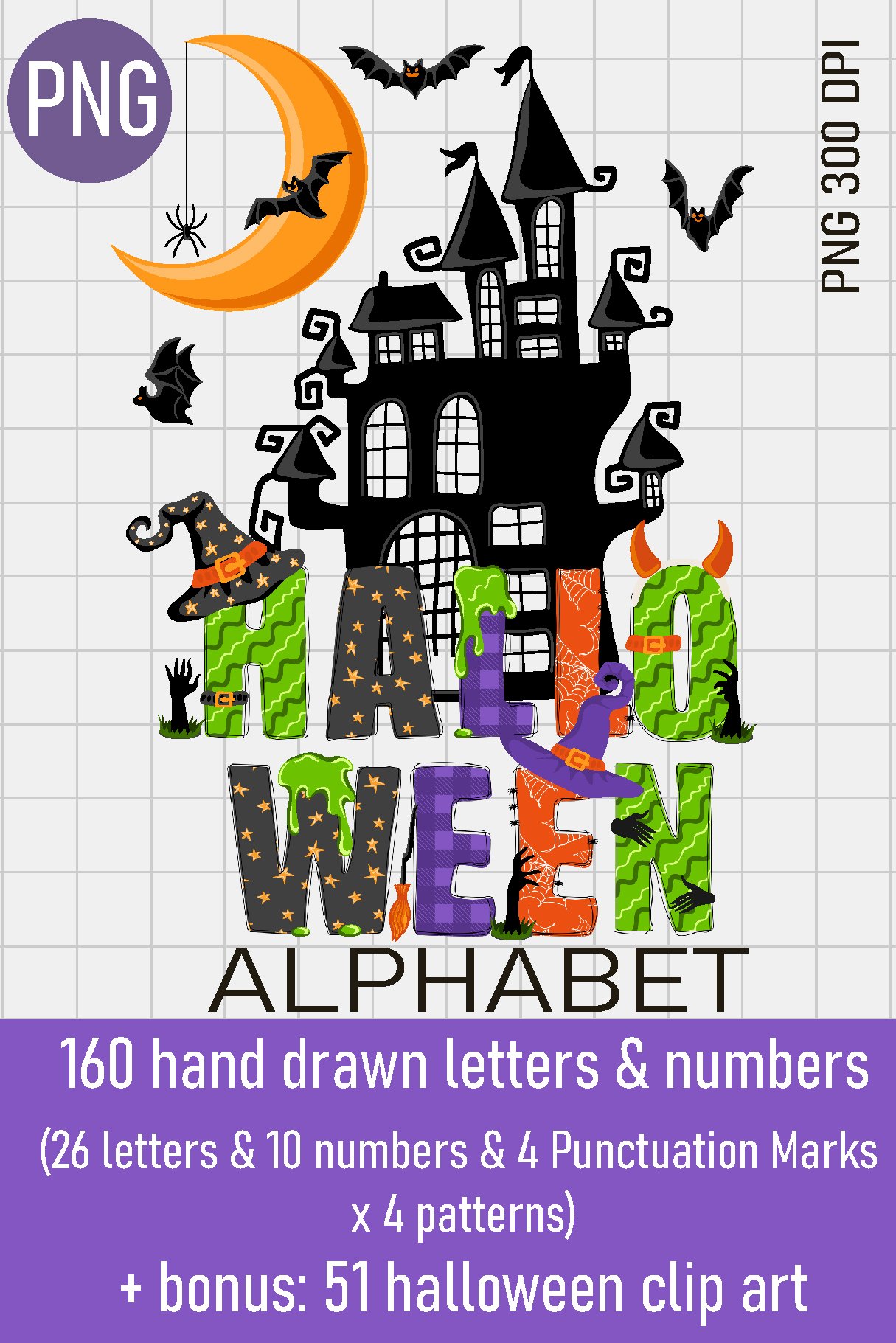 Halloween Alphabet & Numbers with clipart|PNG Bundle