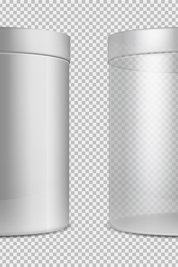 Cylinder empty transparent glass and white cans. Package for