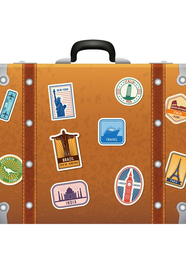 Travel stickers on retro leather suitcase. Vector labels set